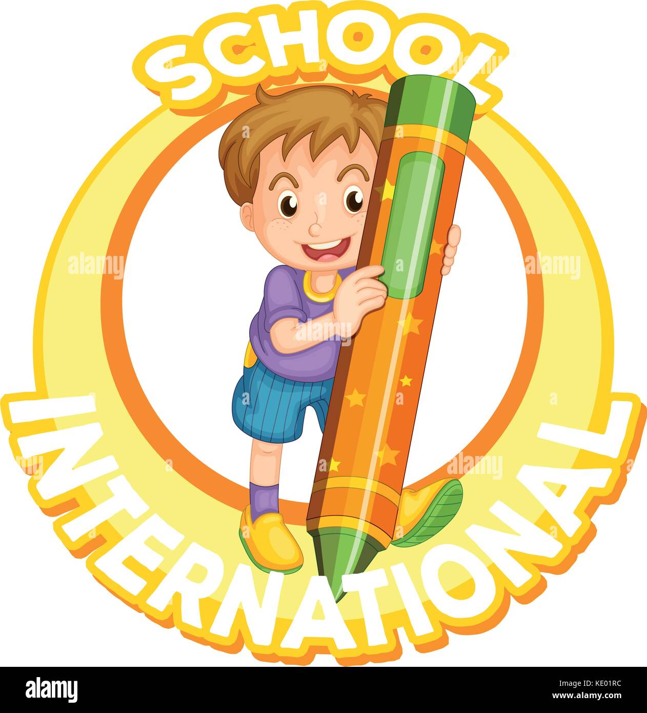 International school logo with boy and giant crayon illustration Stock ...