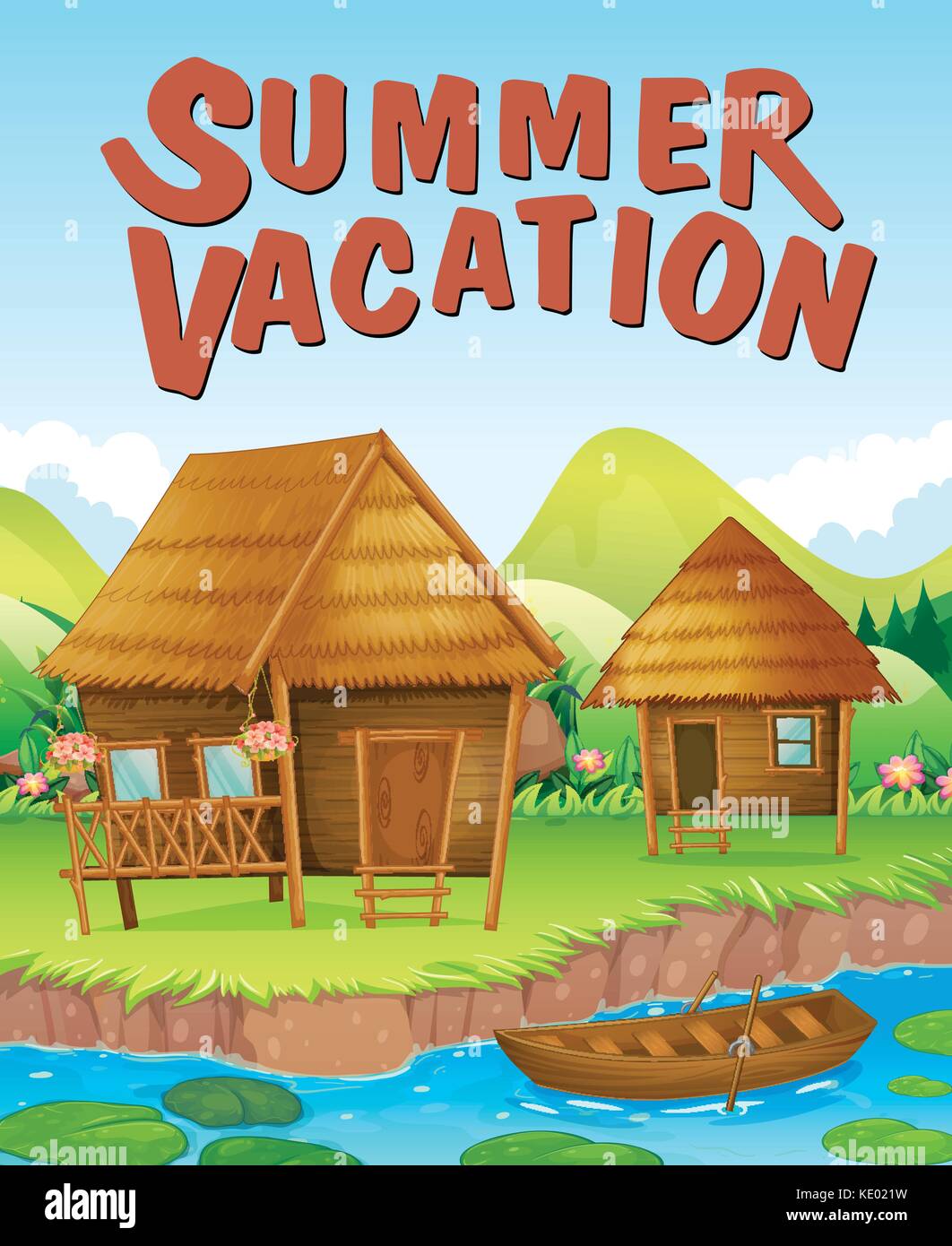 Summer vacation theme with houses by the river illustration Stock ...