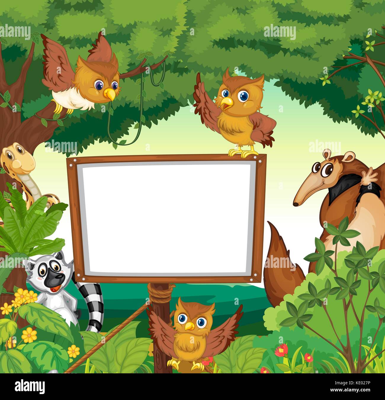 Wild animals and white board in the jungle illustration Stock Vector ...