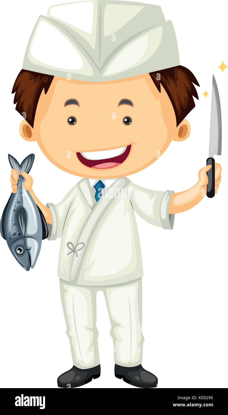 Sushi chef with sharp knife and fish illustration Stock Vector Image ...