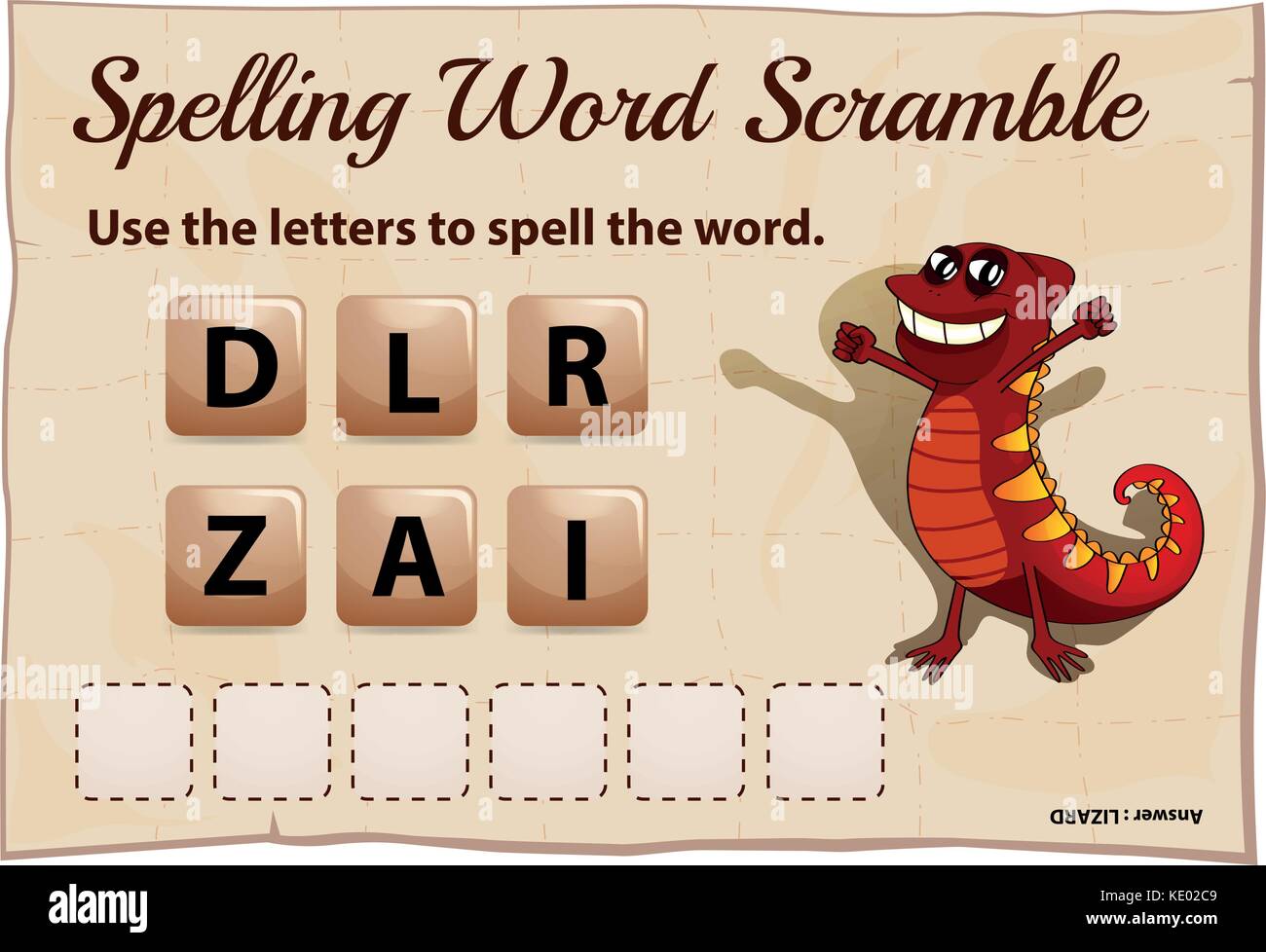 Spelling word scramble game with word lizard illustration Stock Vector ...