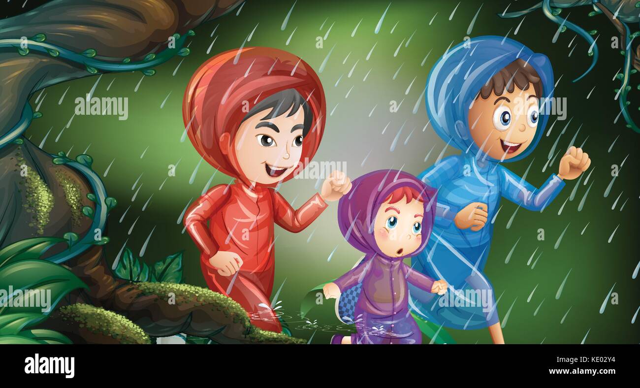 Three kids running in the rain illustration Stock Vector Image & Art ...