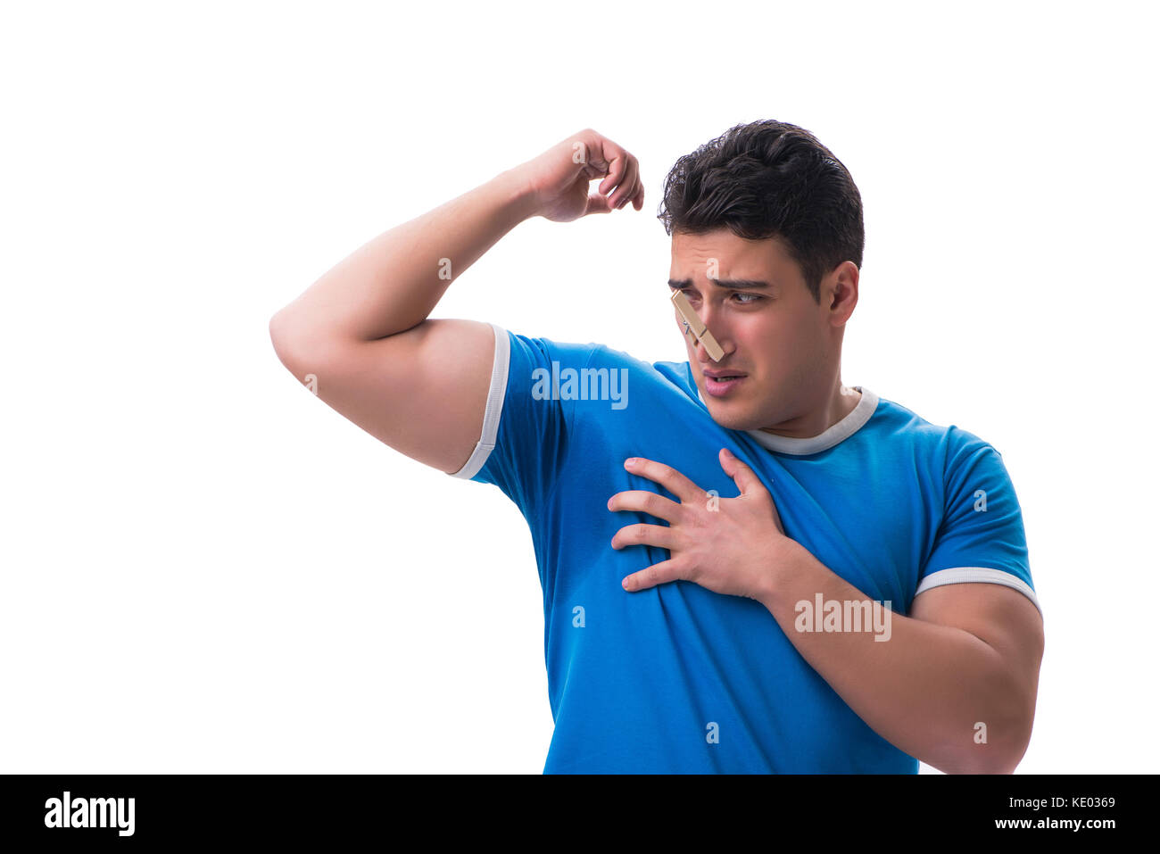 Man sweating excessively smelling bad isolated on white background ...