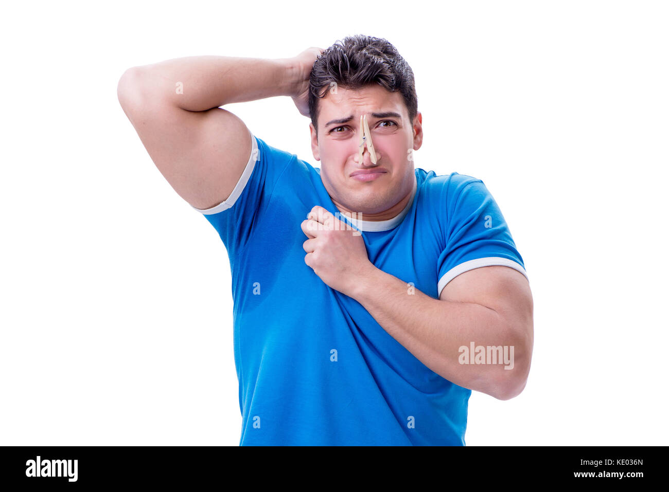 Man sweating excessively smelling bad isolated on white background ...
