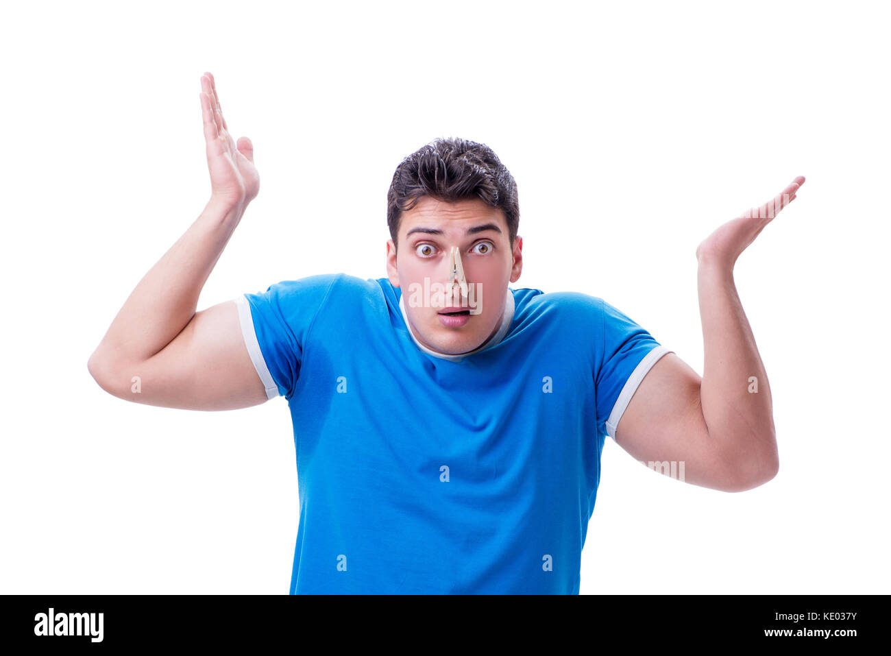 Man sweating excessively smelling bad isolated on white background ...