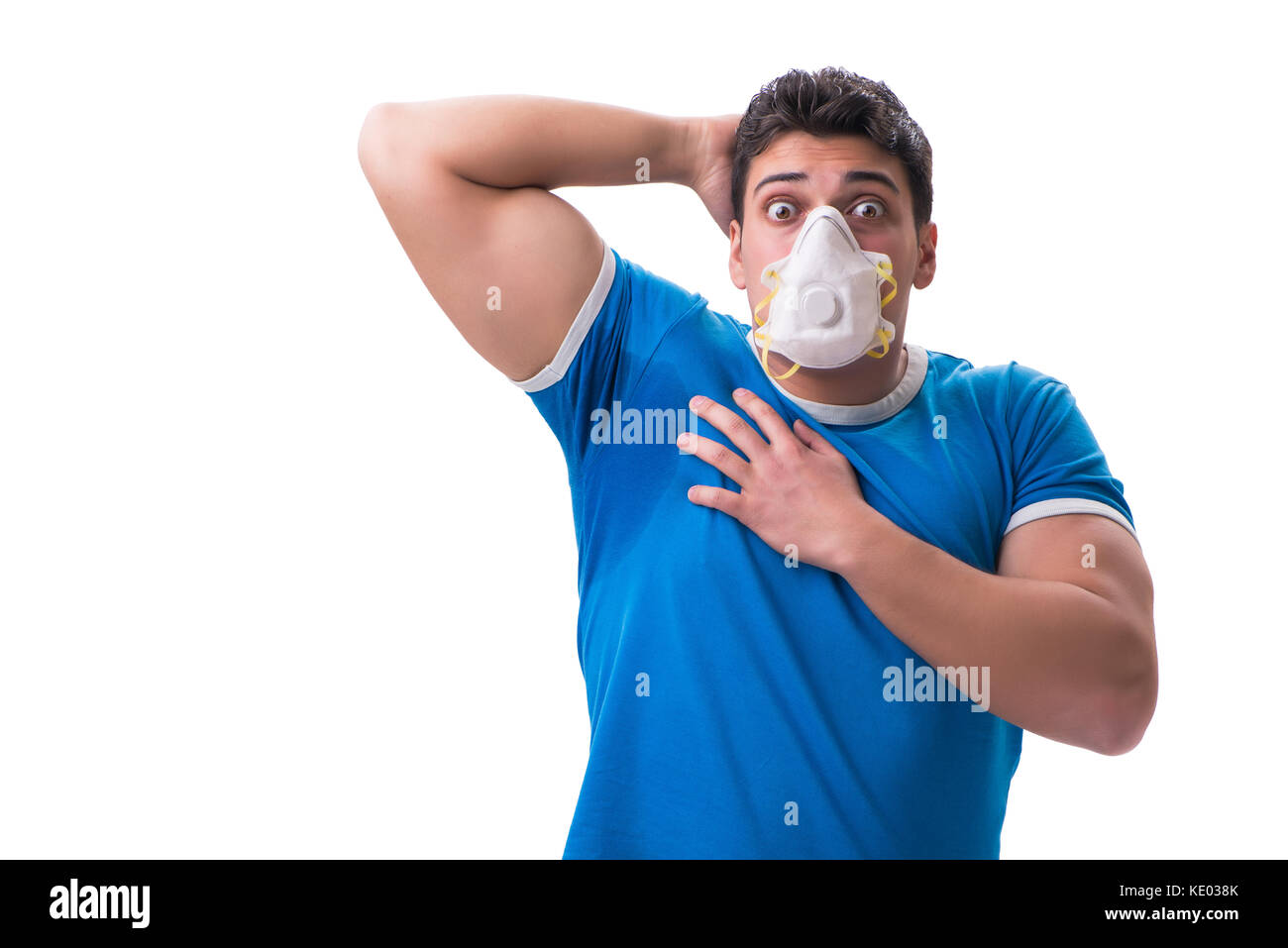 Man sweating excessively smelling bad isolated on white background ...