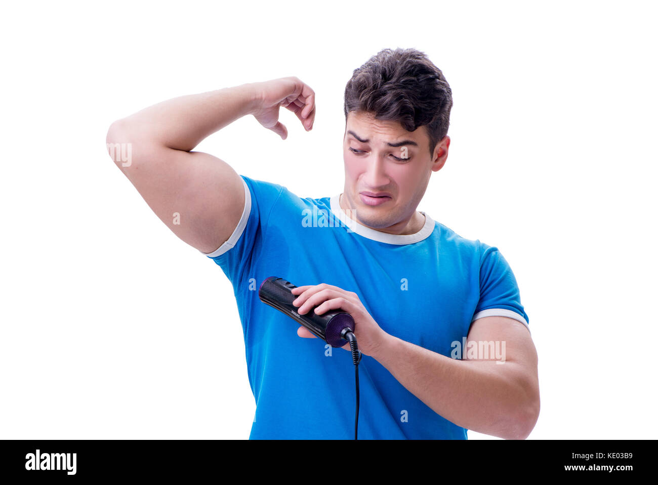 Man sweating excessively smelling bad isolated on white background ...