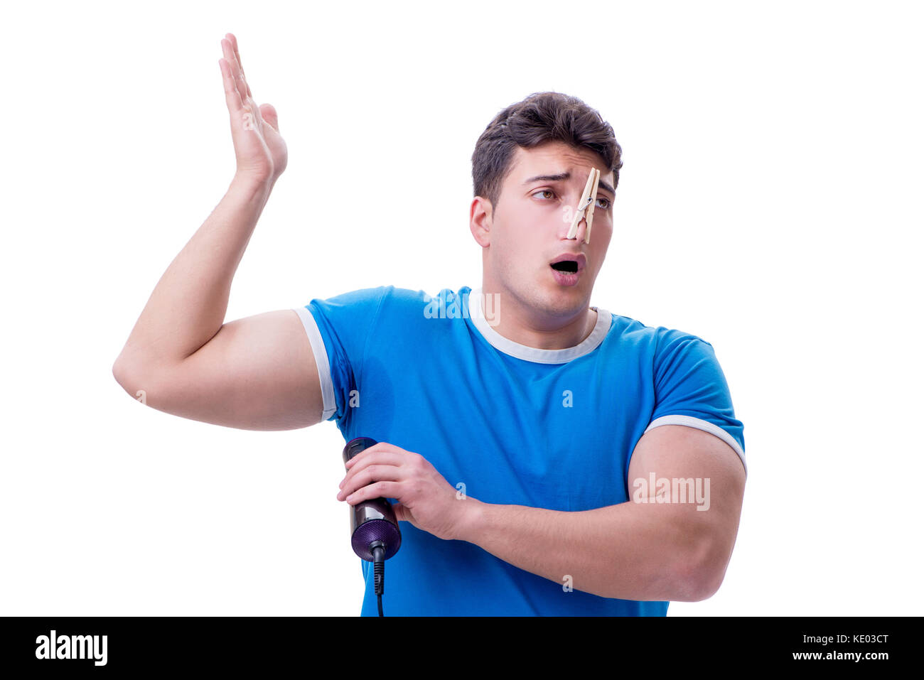 Man sweating excessively smelling bad isolated on white background ...