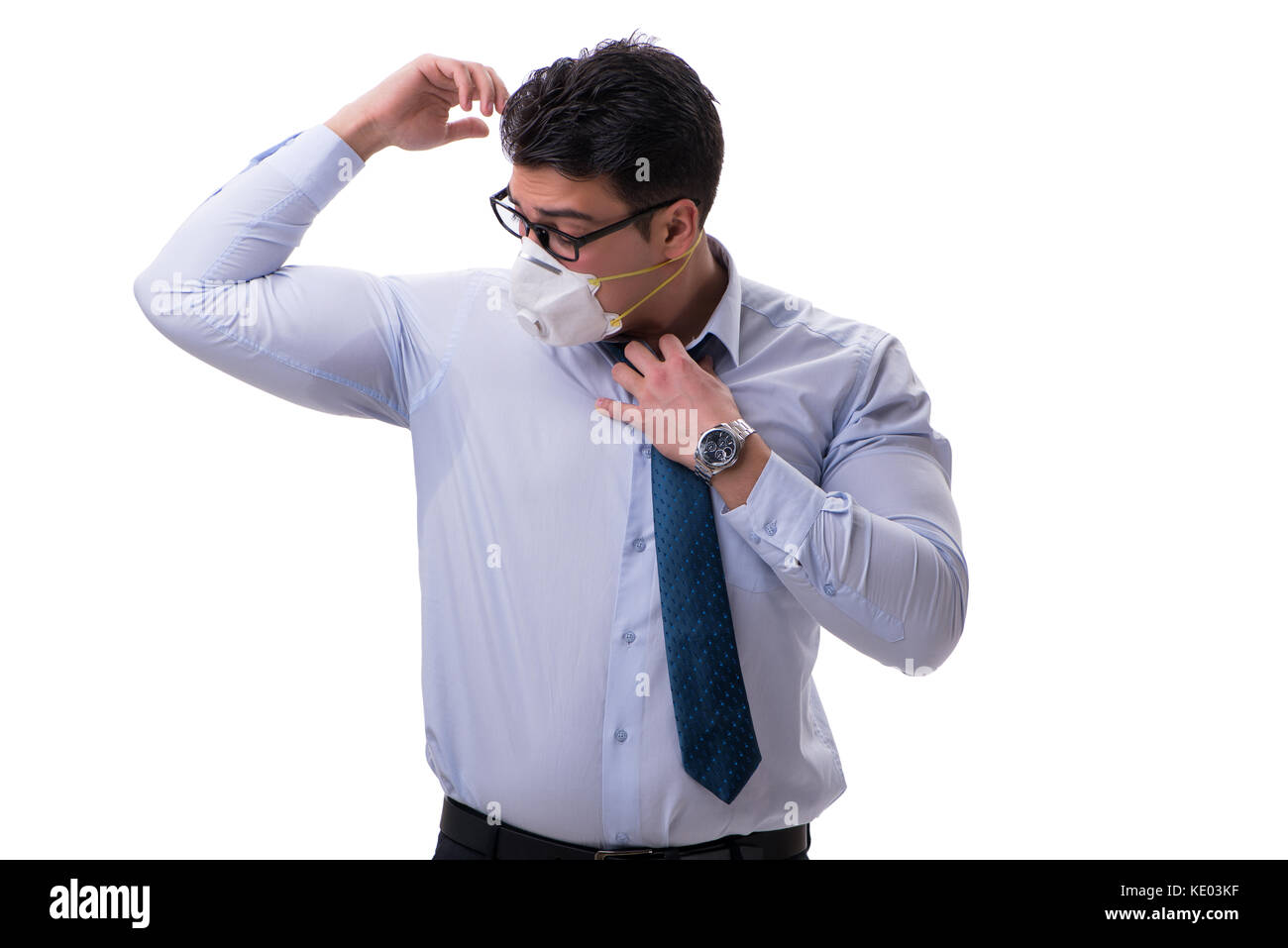 Businessman sweating excessively smelling bad isolated on white ...