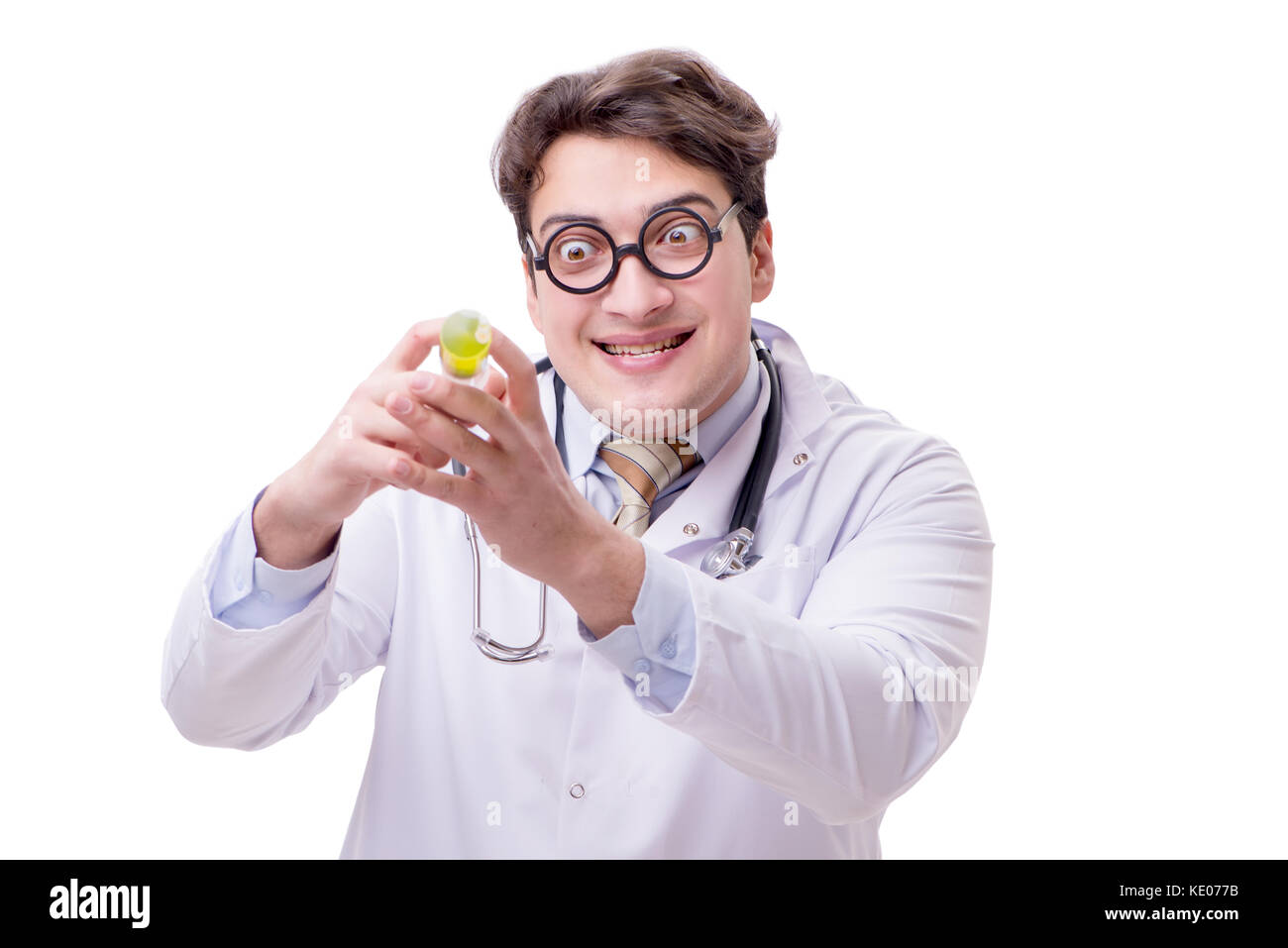 Funny doctor with syringe isolated on white Stock Photo - Alamy