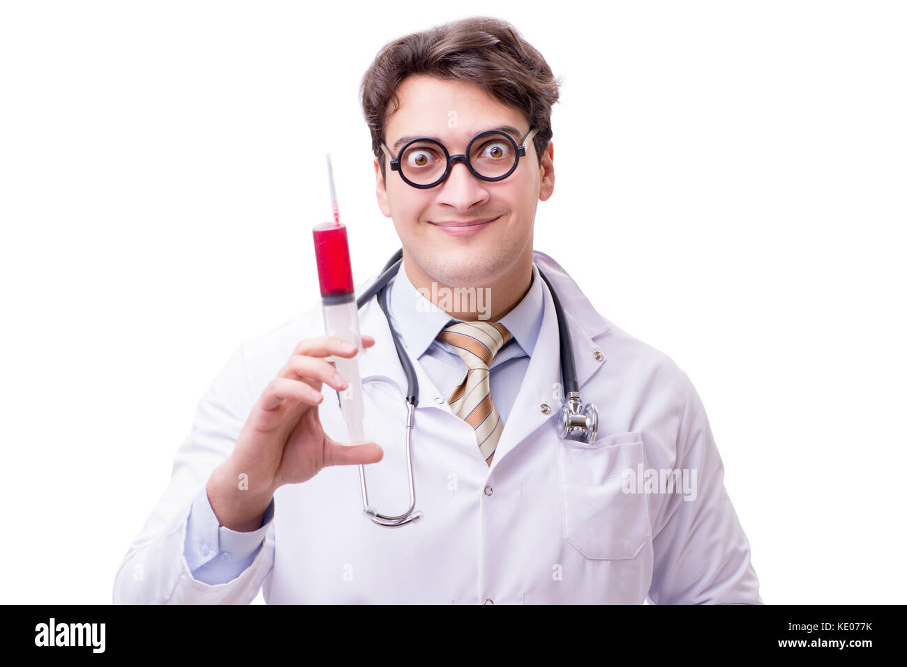 Funny doctor with syringe isolated on white Stock Photo - Alamy