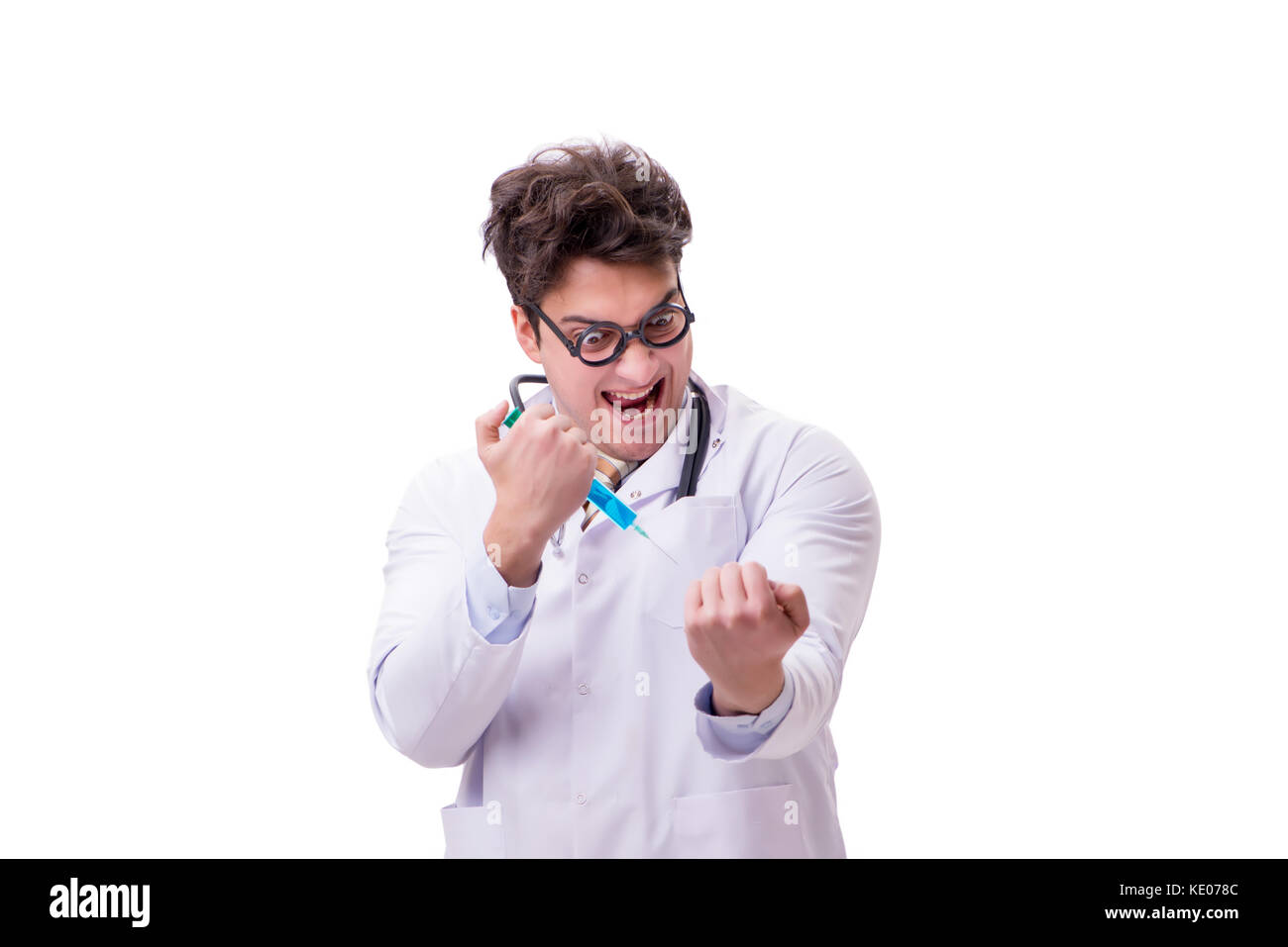 Funny doctor with syringe isolated on white Stock Photo - Alamy