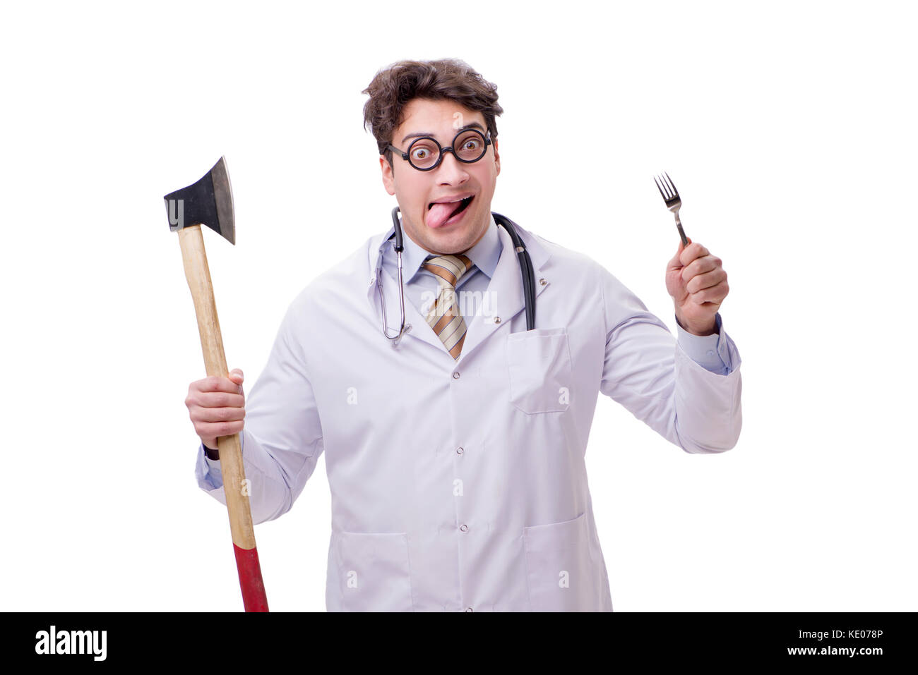 Funny doctor with axe isolated on white Stock Photo - Alamy