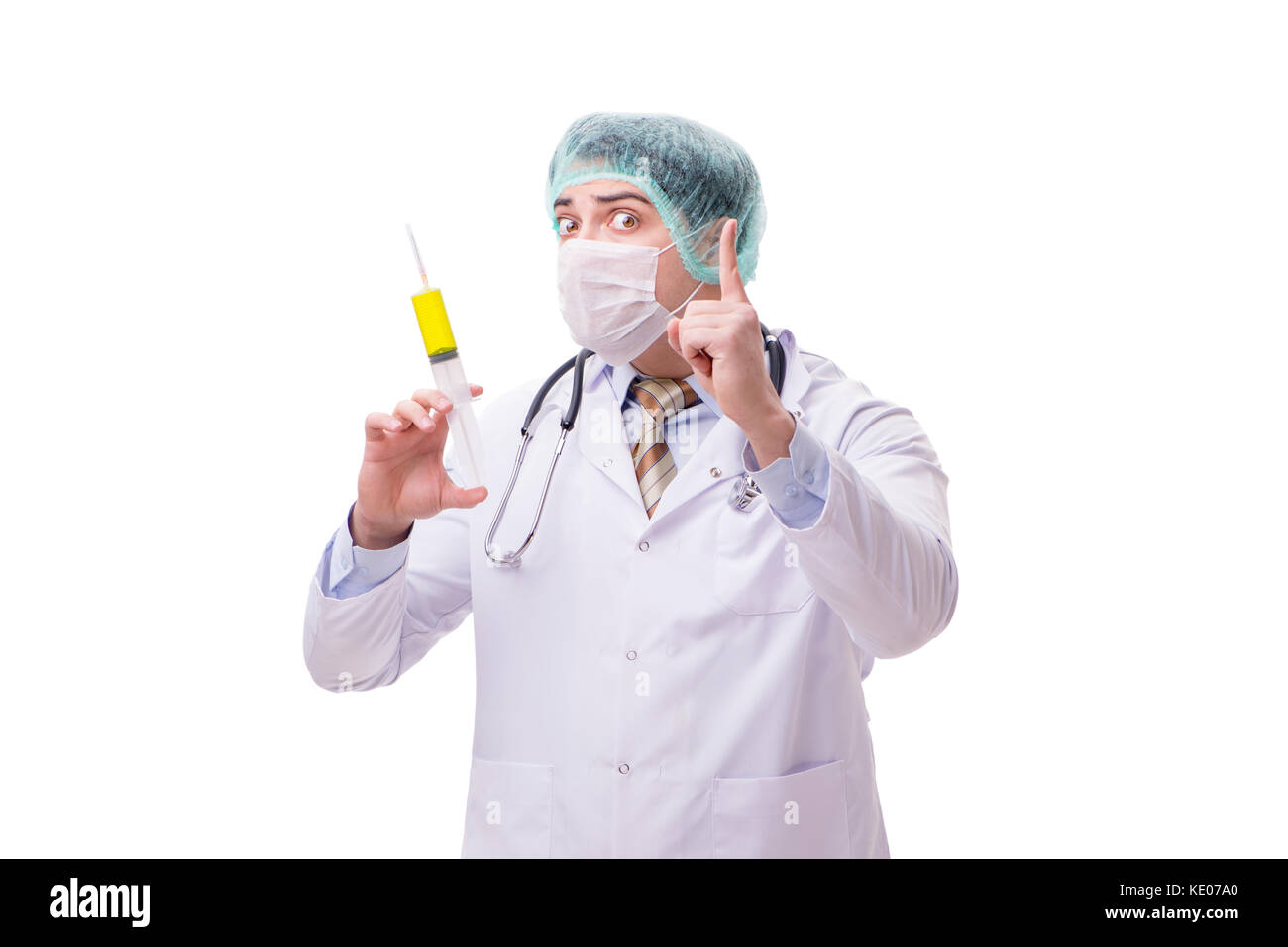 Funny doctor with syringe isolated on white Stock Photo - Alamy