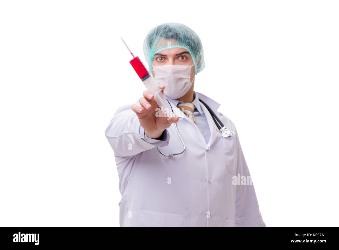 Funny doctor with syringe isolated on white Stock Photo - Alamy