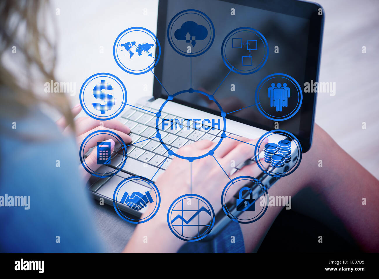 Hands working on laptop in financial technology fintech concept Stock ...