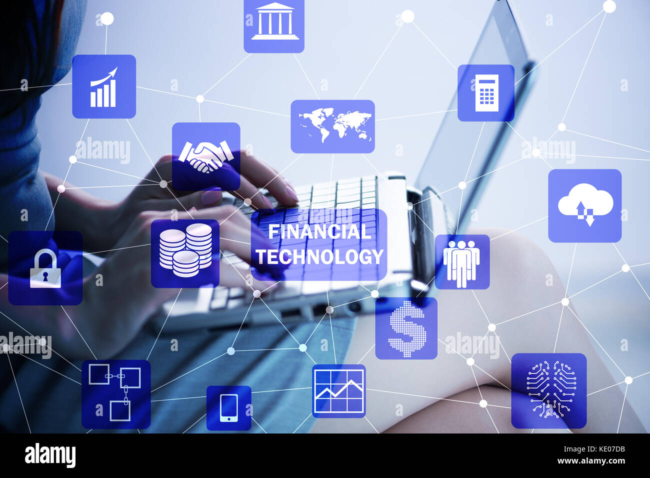 Hands working on laptop in financial technology fintech concept Stock ...