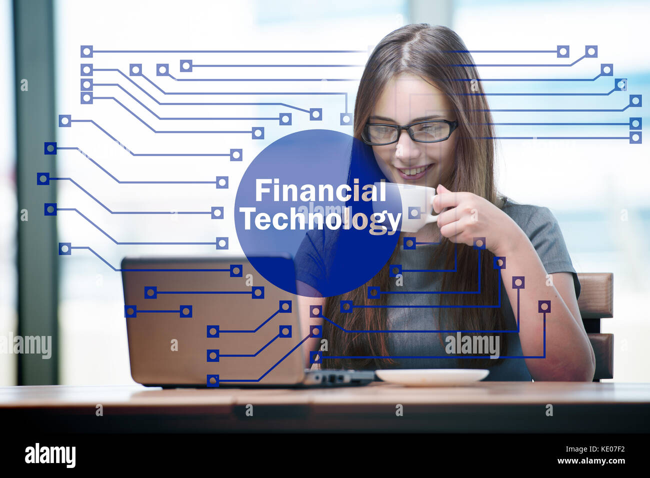 Businesswoman with computer in financial technology fintech concept ...