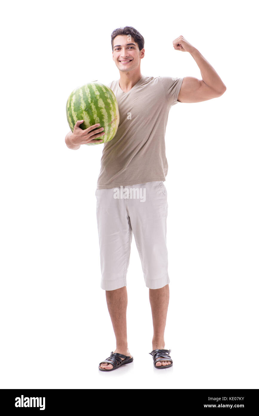 Young man with watermelon isolated on white Stock Photo - Alamy