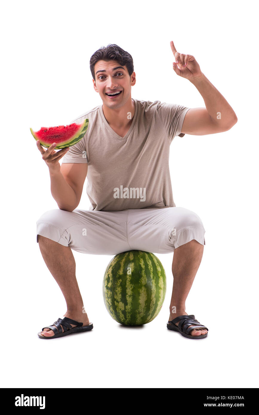 Young man with watermelon isolated on white Stock Photo - Alamy