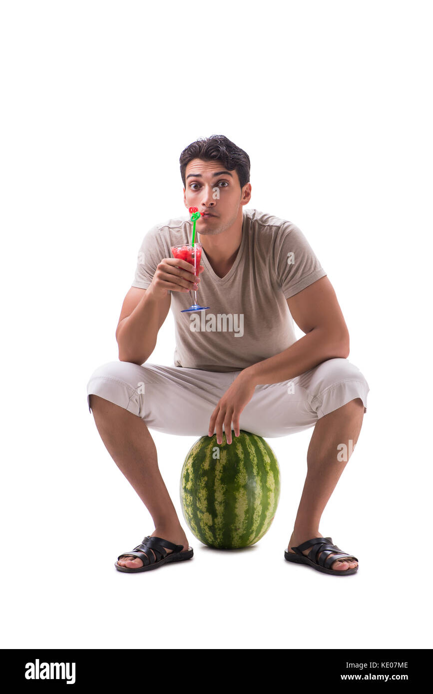 Young man with watermelon isolated on white Stock Photo - Alamy