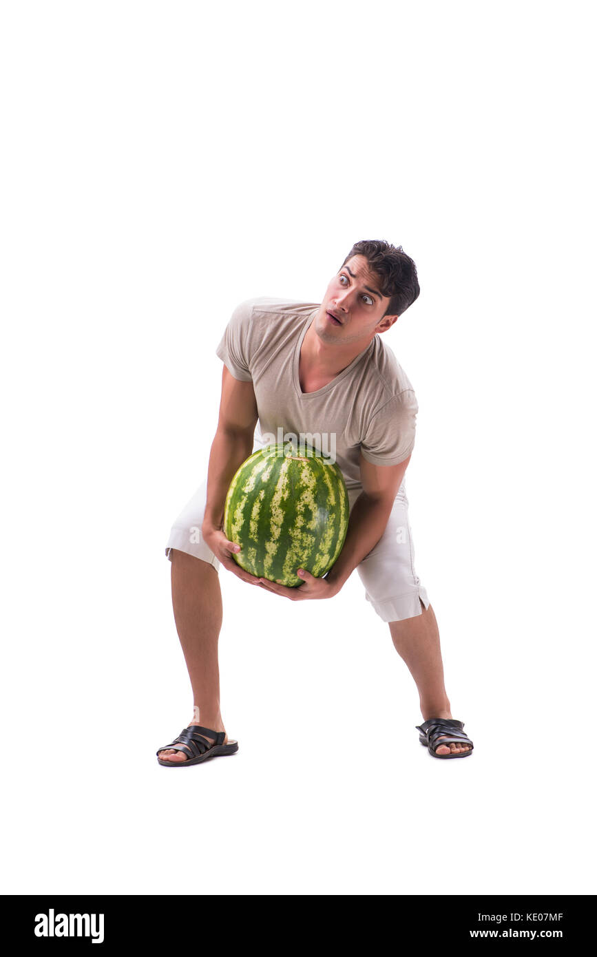 Young man with watermelon isolated on white Stock Photo - Alamy