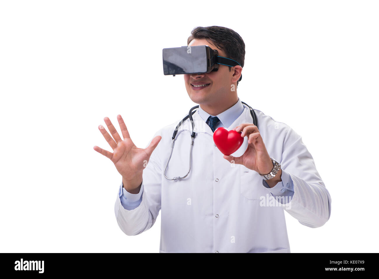 Doctor wearing a vr virtual reality headset isolated on white ...