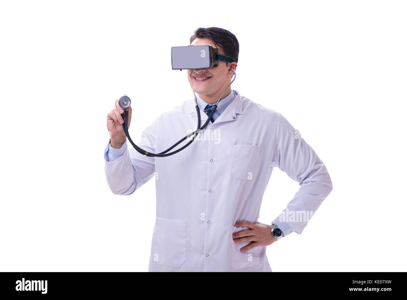 Doctor wearing a vr virtual reality headset isolated on white ...