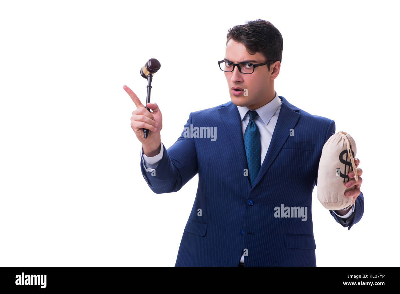 Lawyer with a gavel and a moneybag money bad isolated on white Stock ...