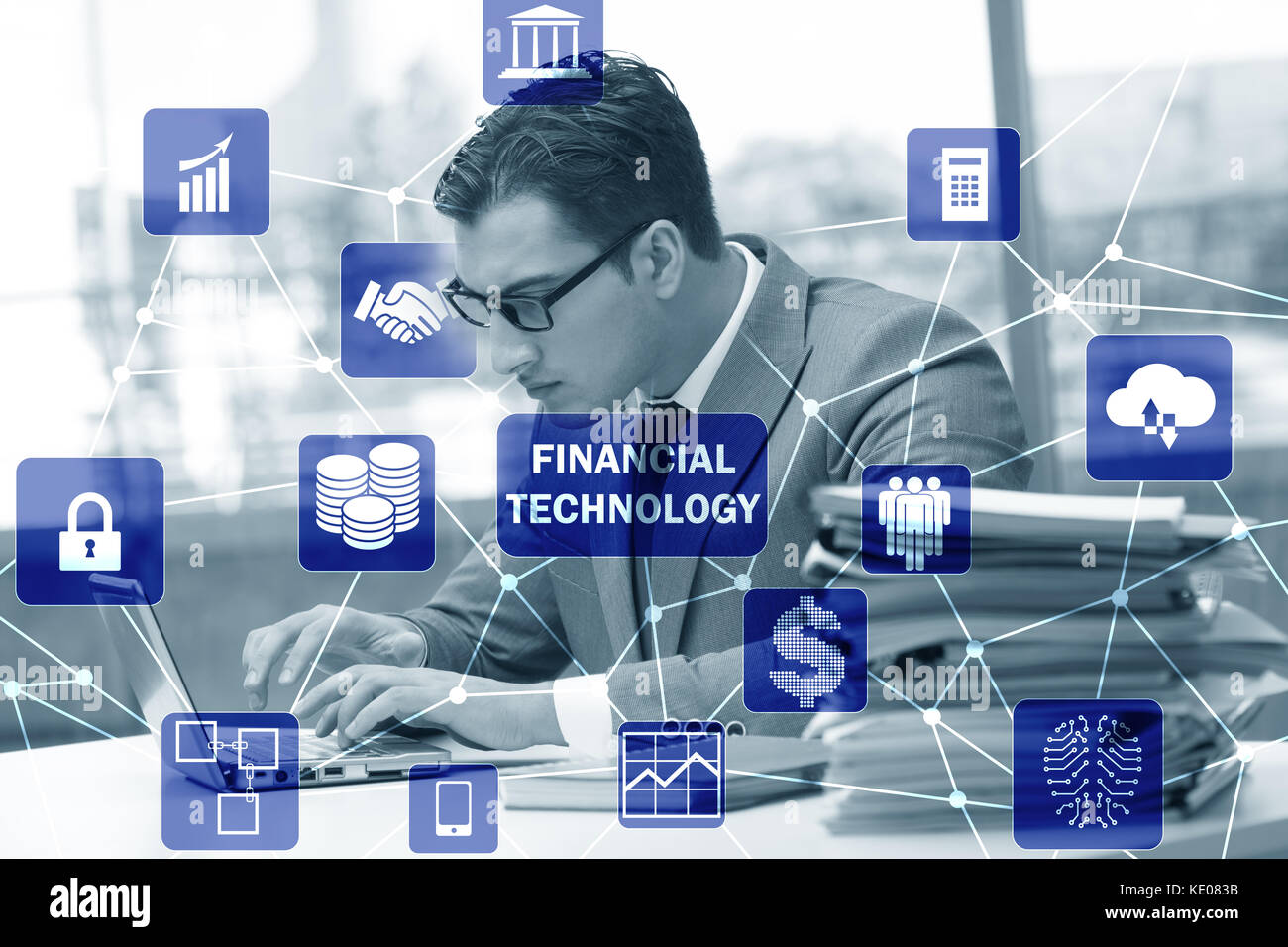 Businesswoman with laptop in financial technology fintech concept Stock ...