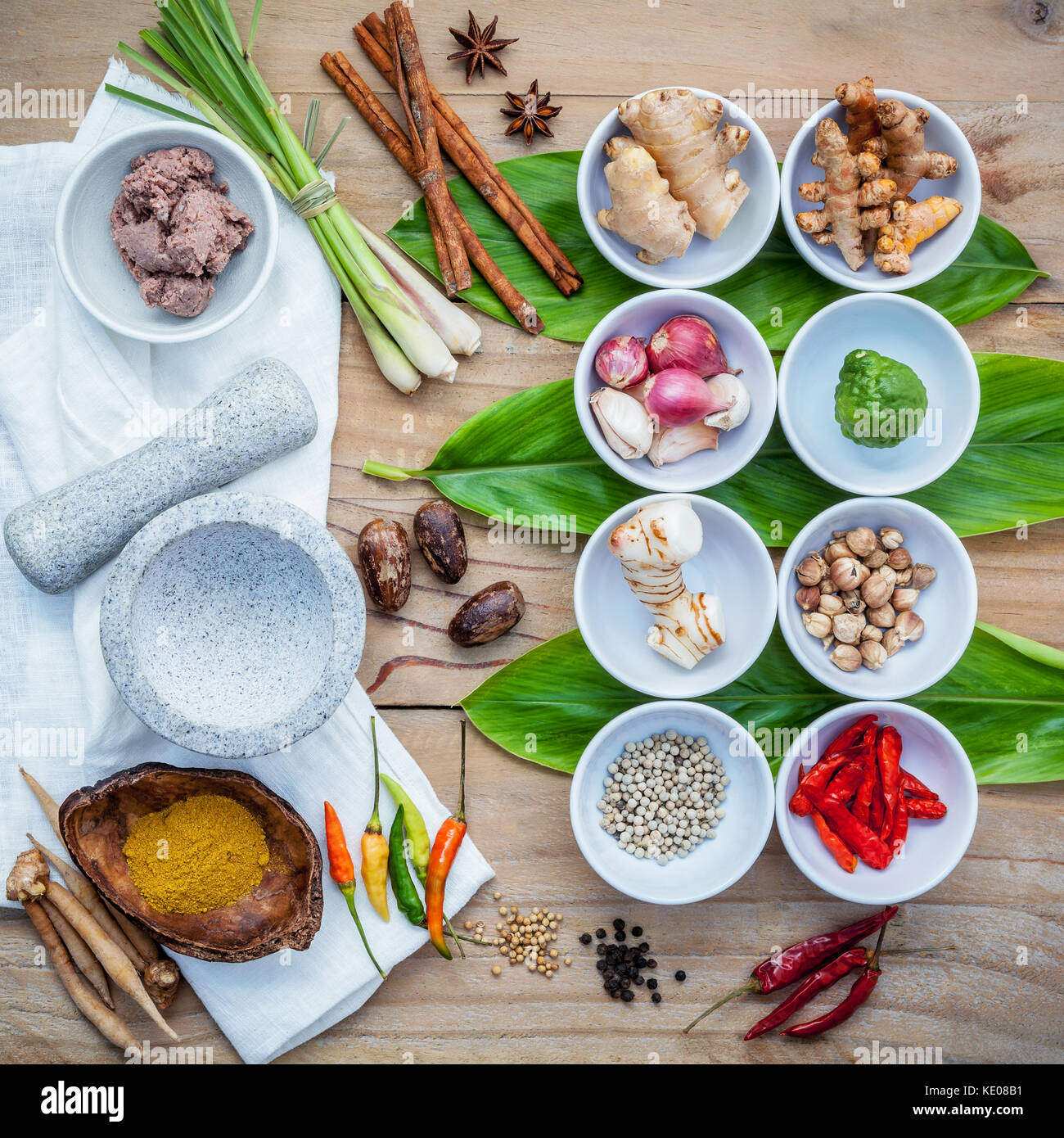 Various of thai food cooking ingredients for spice red curry paste ...