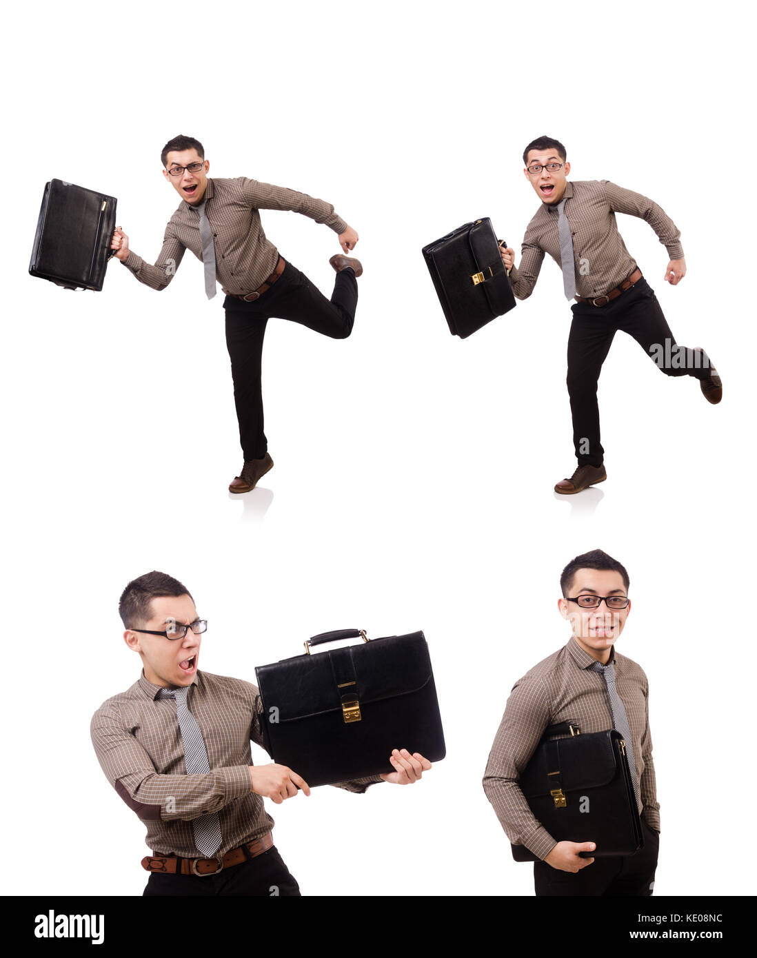 Young man holding briefcase isolated on white Stock Photo - Alamy