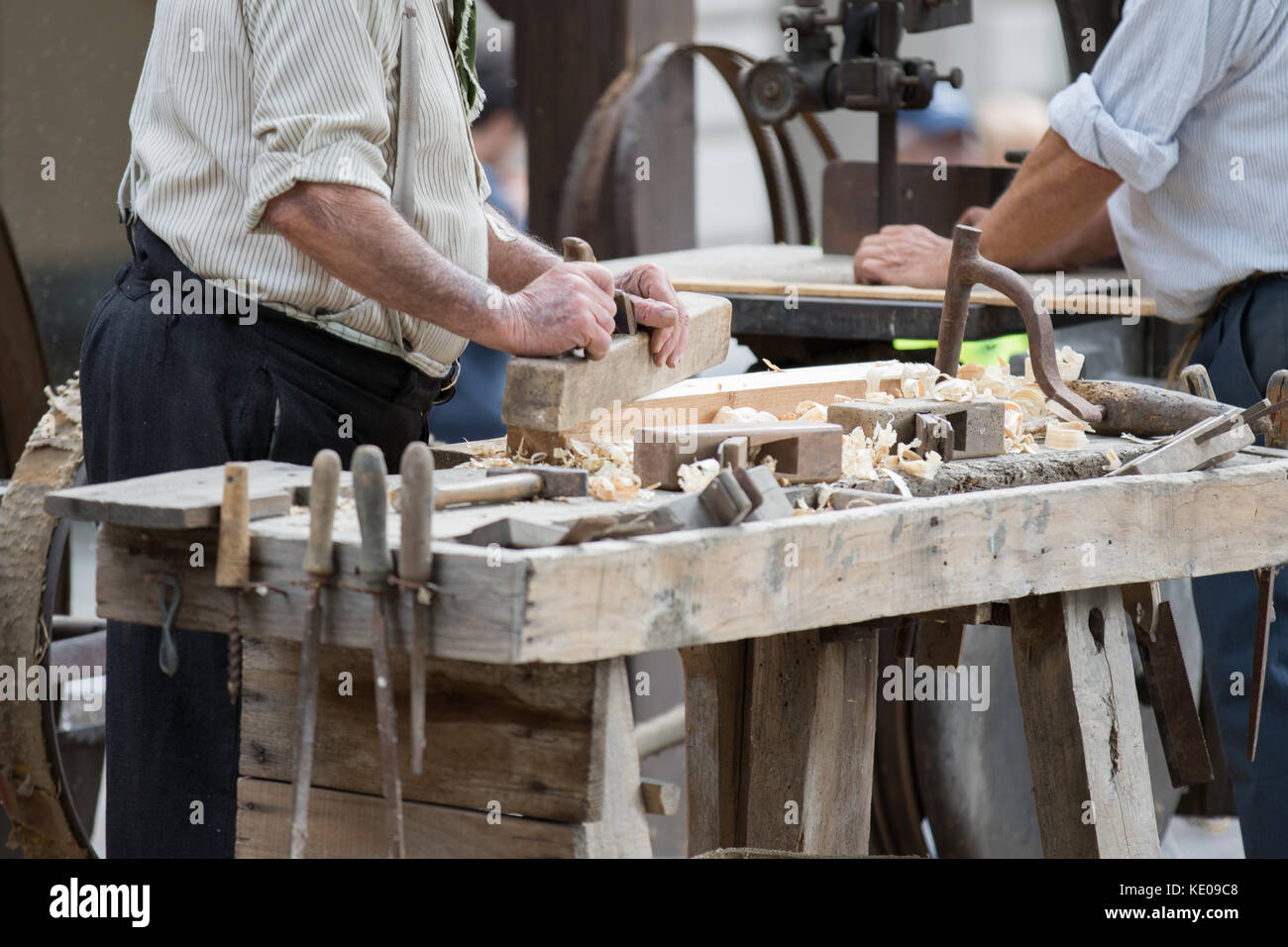 Asti, Italy - September 10, 2017: carpenter works wood with its tools ...