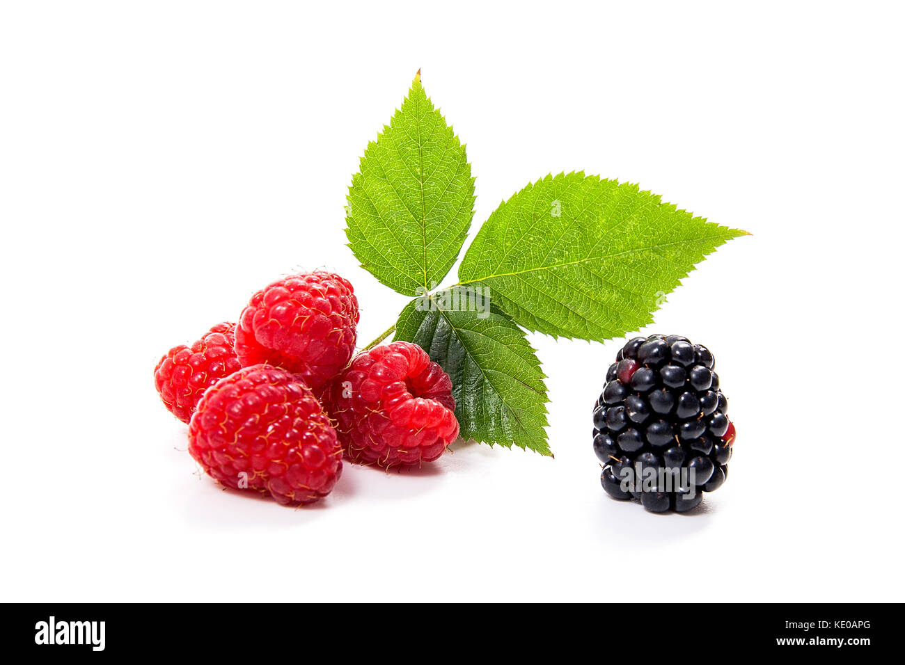 Close up view of fresh raspberries fruits with green leaf of raspberry ...