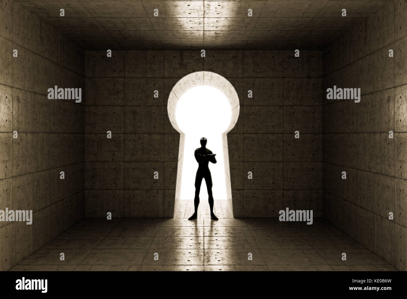 3d illustration of a concrete room with a keyshape gate Stock Photo - Alamy