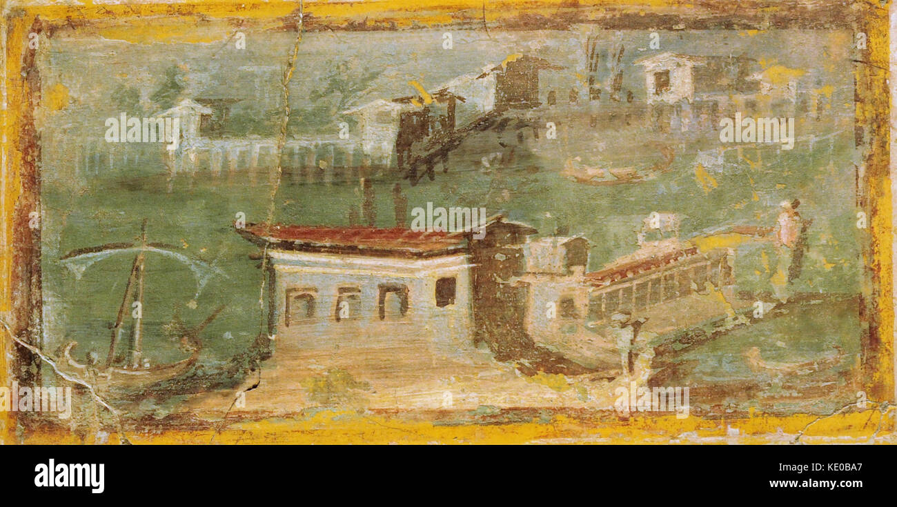 Roman fresco depicting a river landscape with buildings, sailing boats ...