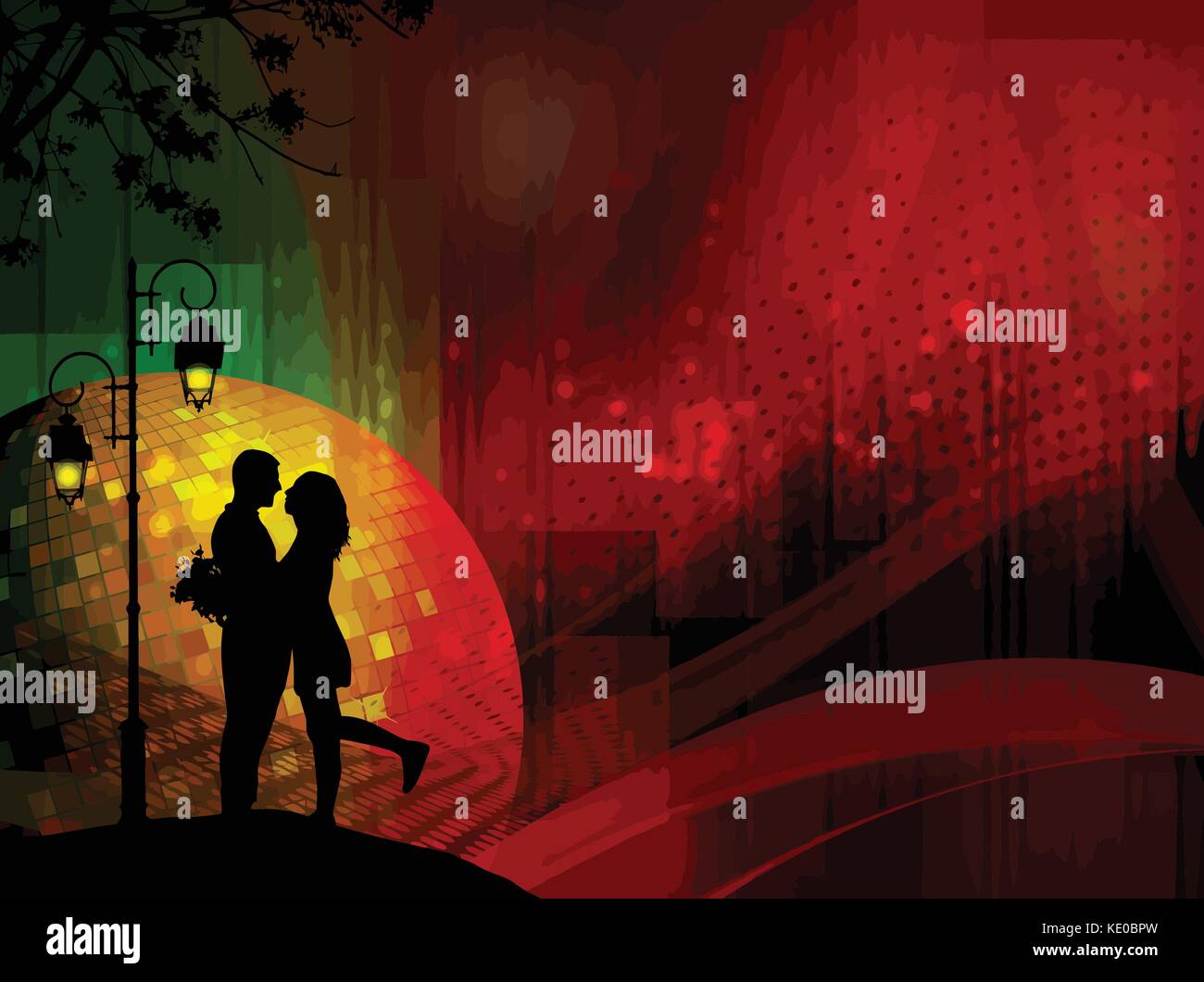 Lovers under street lamp poster or banner on abstract background ...