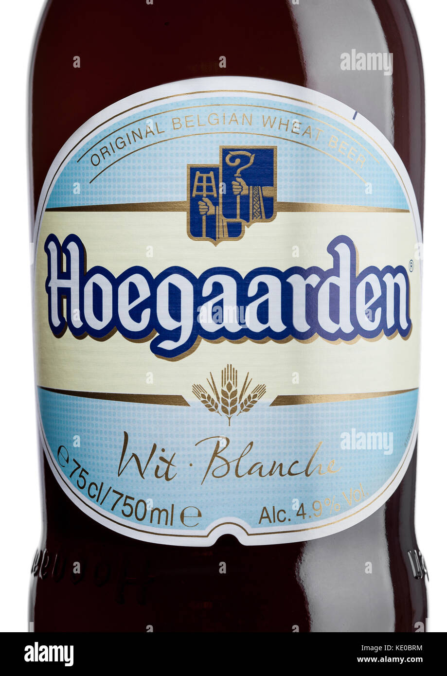 LONDON, UK - MAY 29, 2017: Bottle label of Hoegaarden wheat Belgian ...