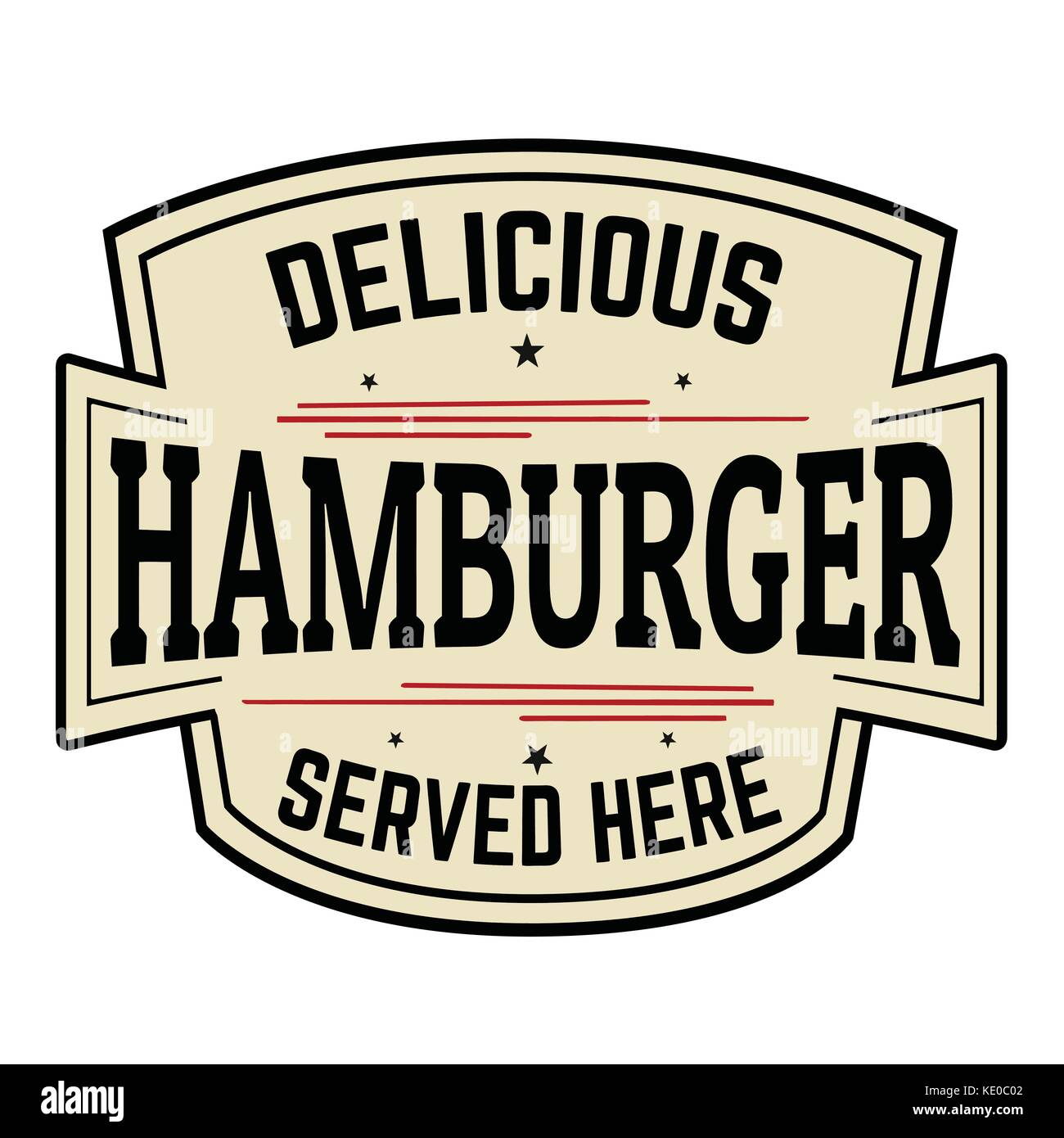 Delicious hamburger label or icon on white background, vector ...