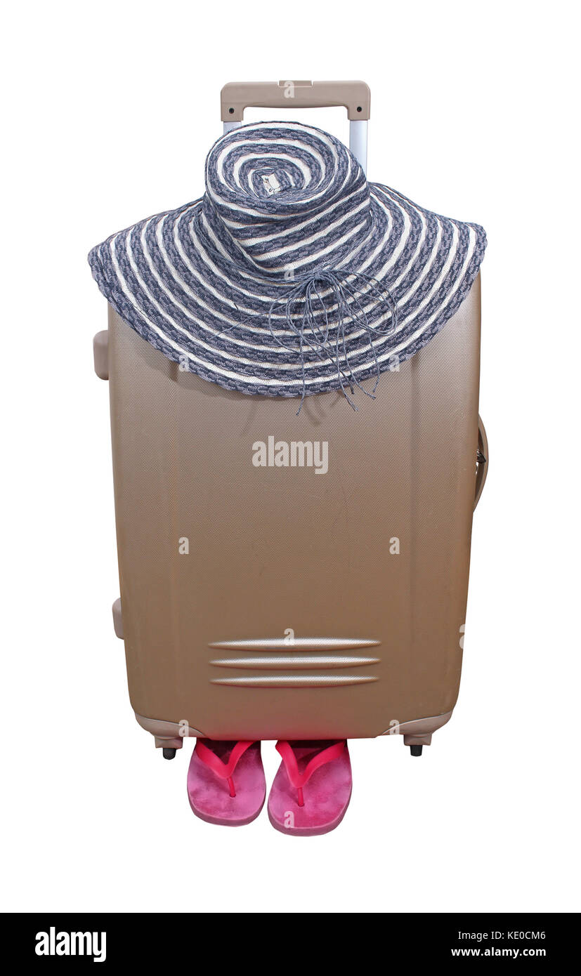 Closed suitcase ready for summer vacation with hat and flip flops ...