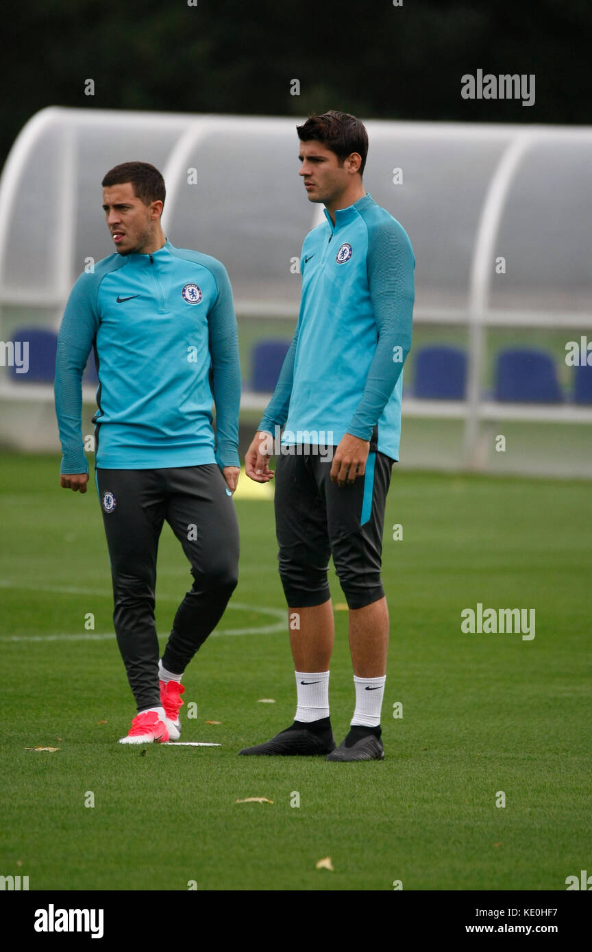 Cobham, UK. 17th Oct, 2017. Hazard, Morata and Chelsea Football players ...