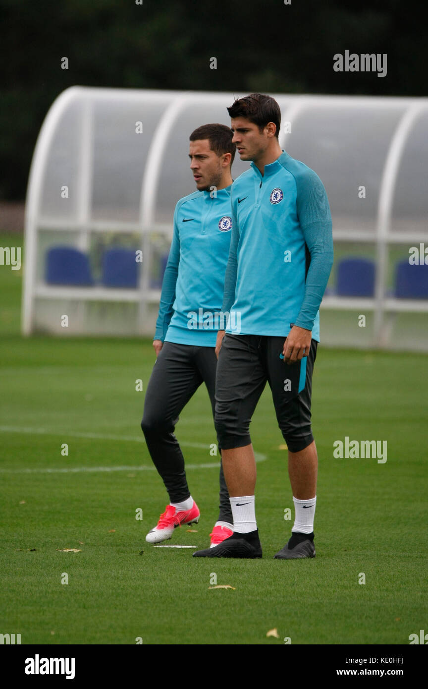Cobham, UK. 17th Oct, 2017. Hazard, Morata and Chelsea Football players ...