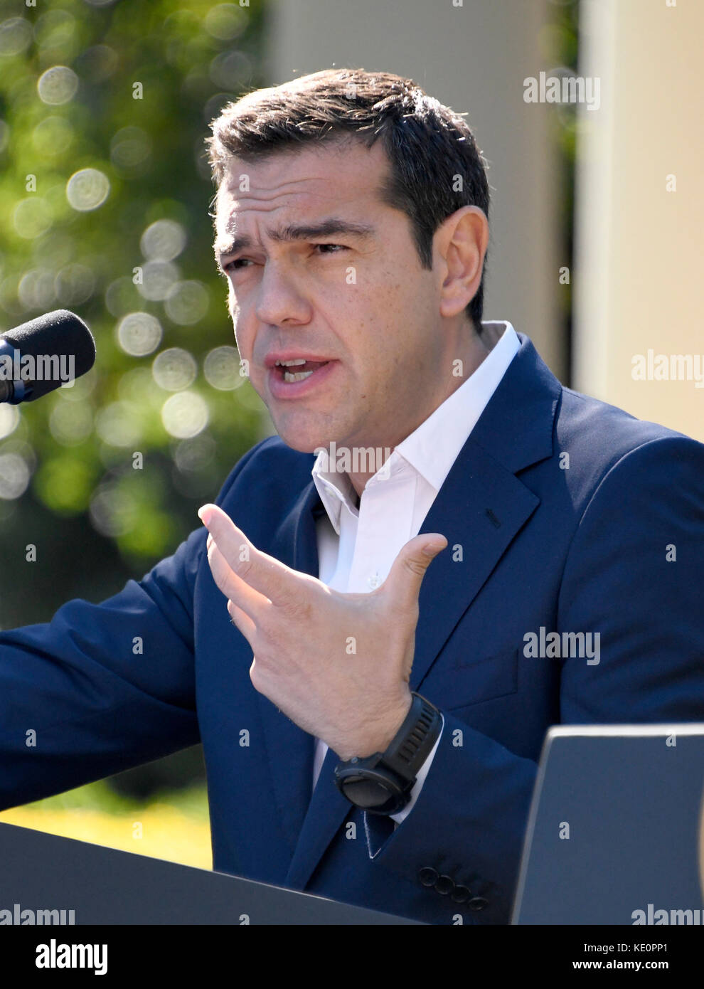 Prime Minister Alexis Tsipras of Greece makes remarks during a joint ...