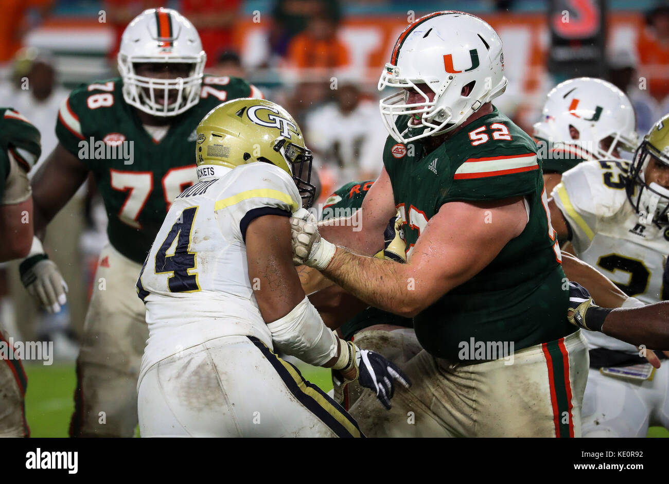 Miami Gardens, Florida, USA. 14th Oct, 2017. Miami Hurricanes offensive ...