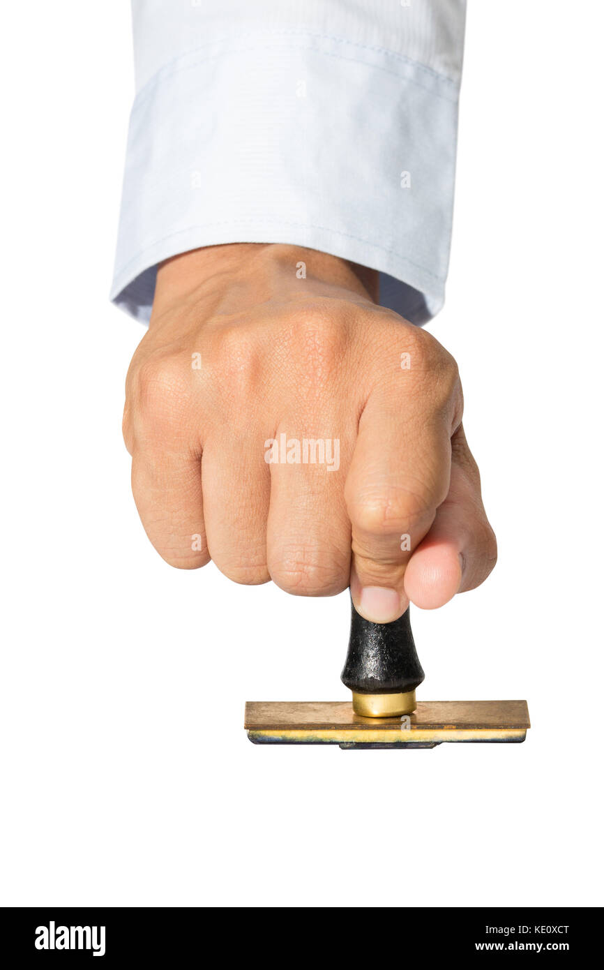 Front view worker hand holding old rubber stamp isolate on white, work ...