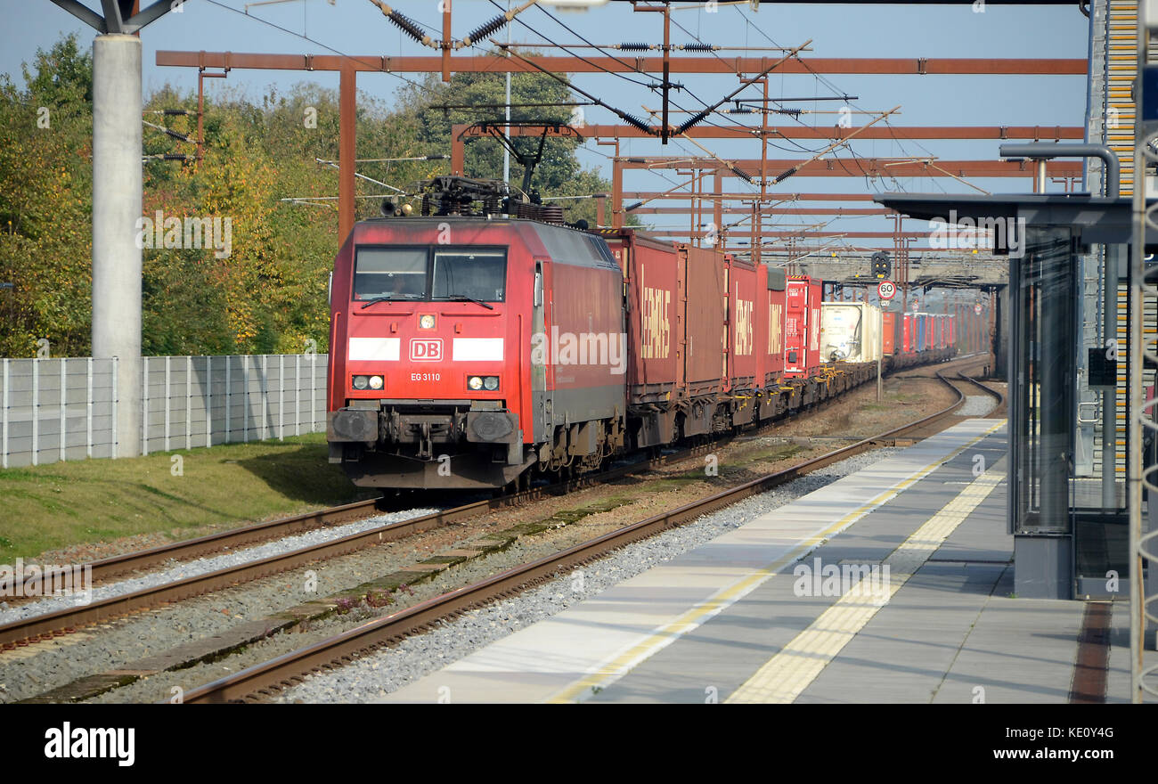 Tinglev, Denmark - October 15, 2017: Southbound Danlink freight train ...