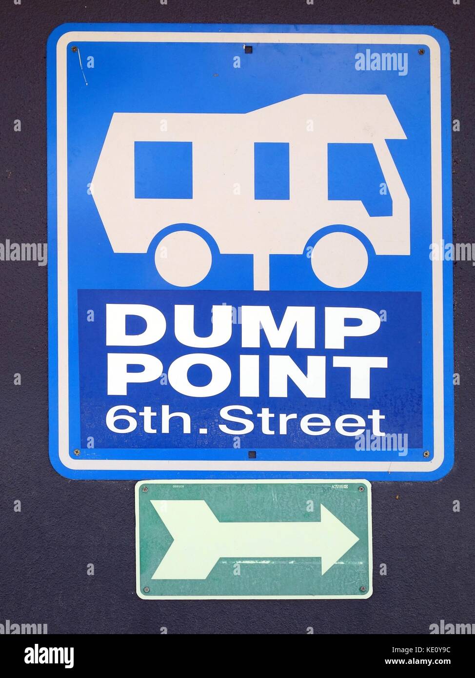 A sign indicating the direction of a Dump Point for the the emptying of ...