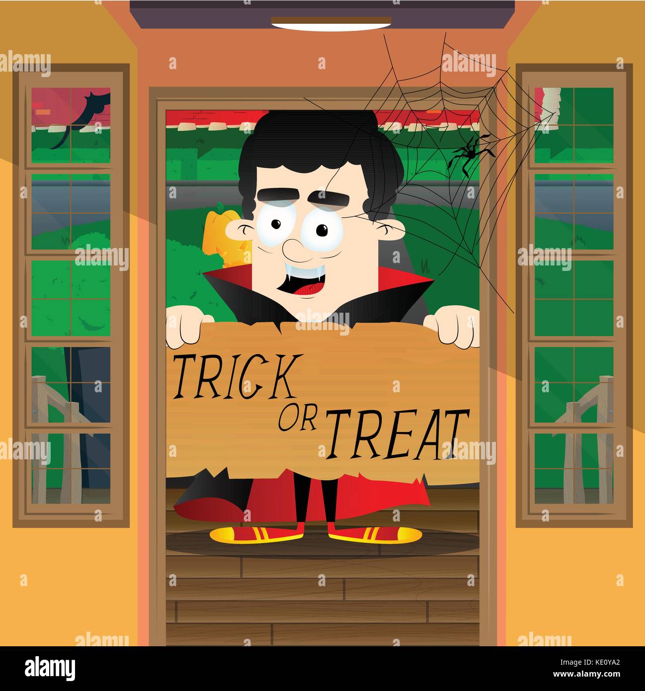Halloween greeting card. Kid dressed as vampire, standing in a door ...