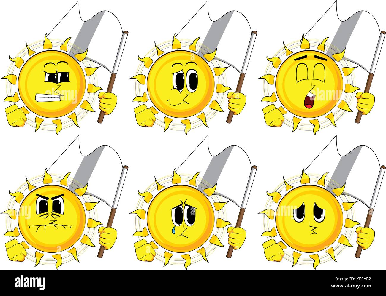 Cartoon sun holds white flag of surrender. Collection with sad faces ...
