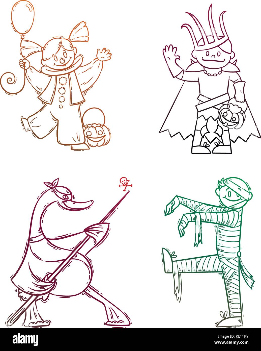 Set of kids in costumes for Halloween. Lich or russian King Koschey ...